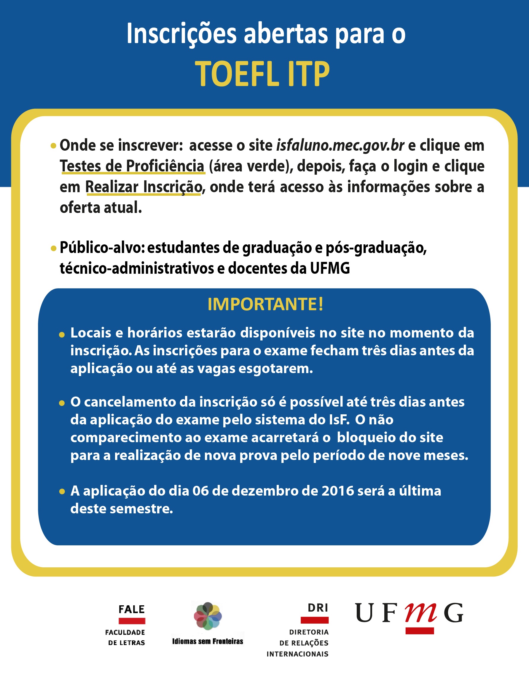 Exame gratuito de proficiência em inglês (TOEFL ITP) – Campus Pampulha ...